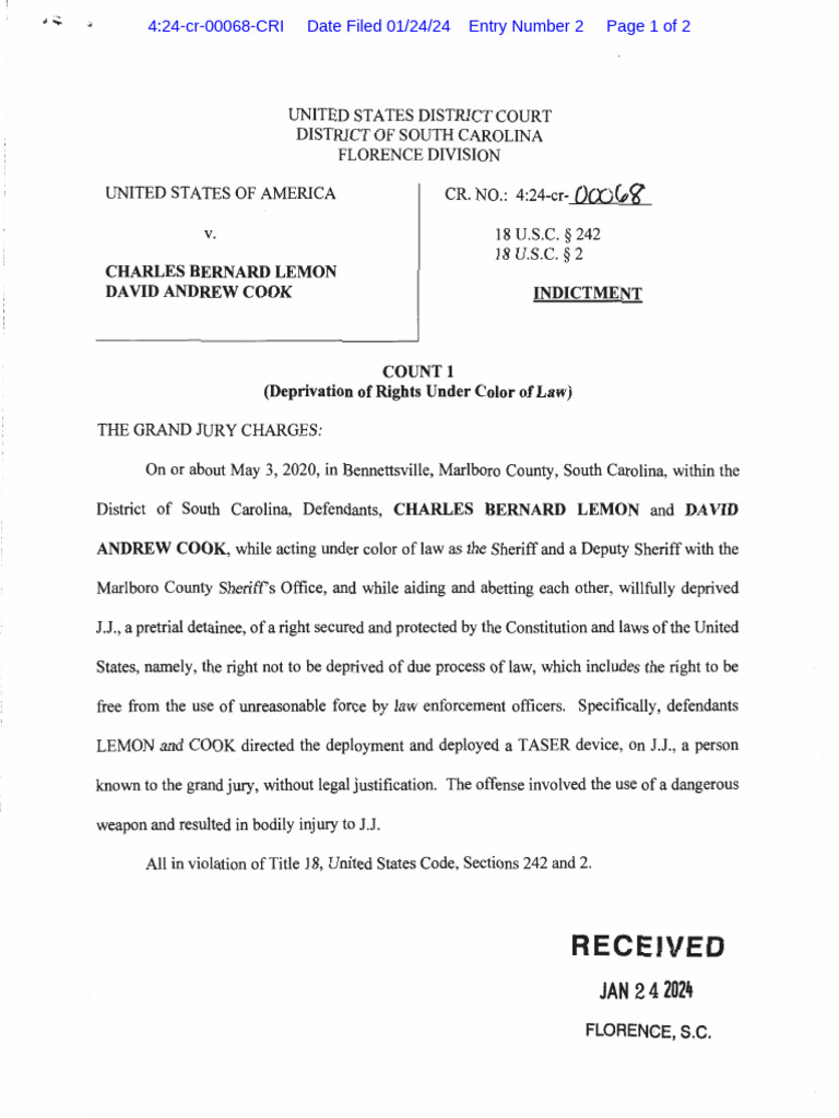 Federal indictment against former Marlboro County Sheriff Charles Lemon ...