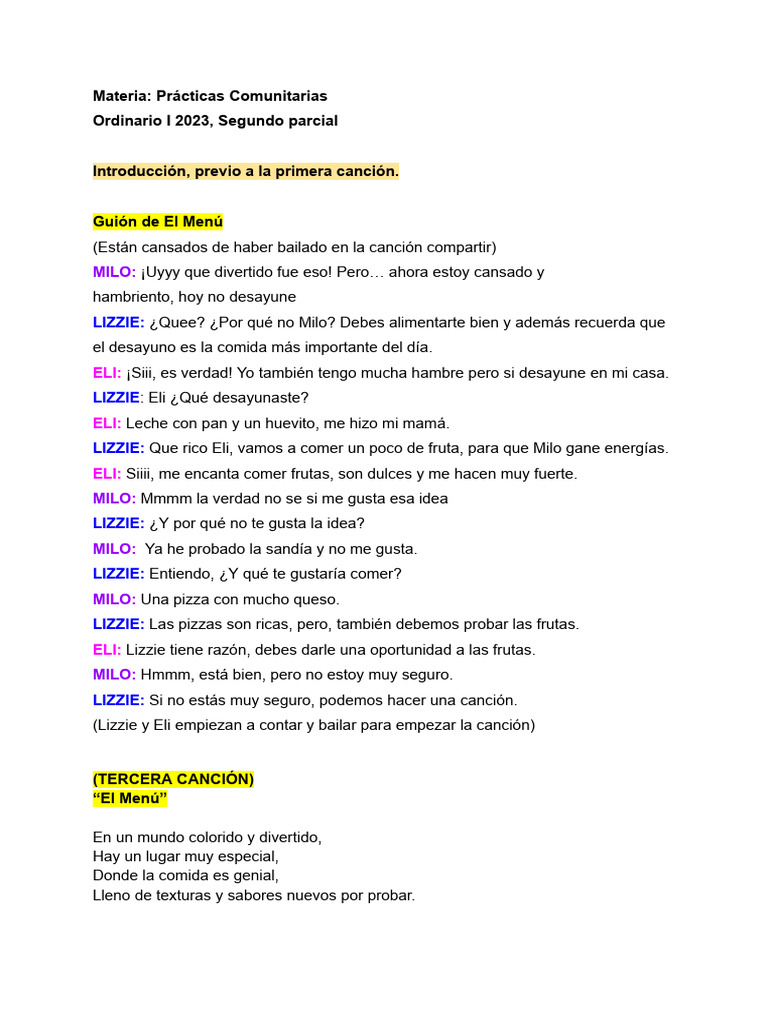 Dialogo y Cancion El Menú | PDF