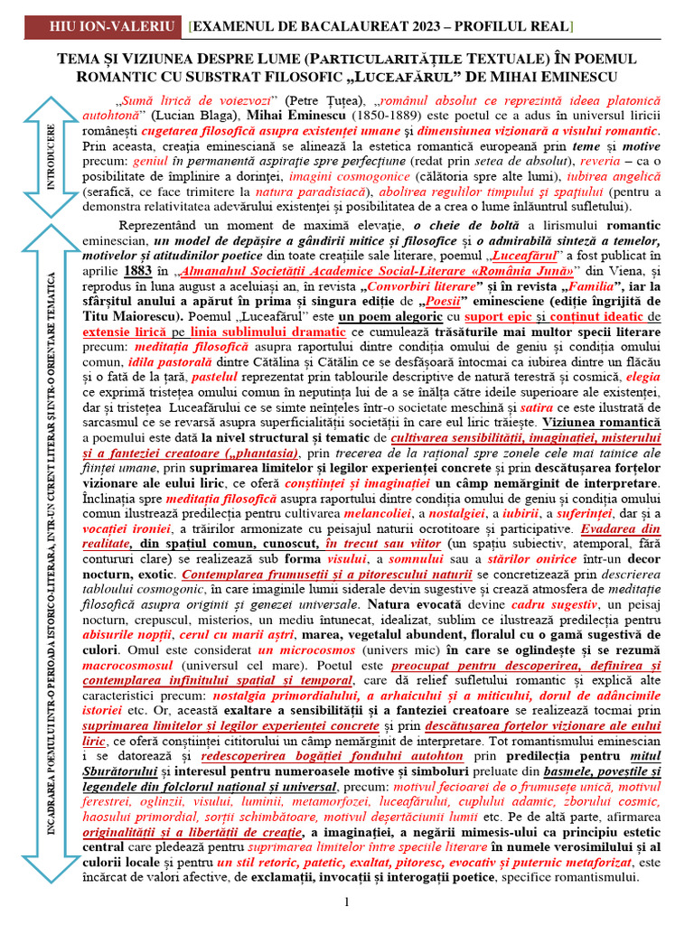 Hiu Ion Valeriu Luceafarul de Mihai Eminescu Eseul | PDF