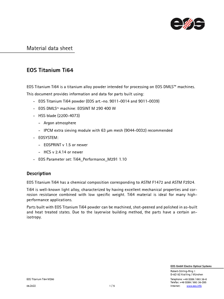 Eos Ti64 9011-0014 9011-0039 m290 Mds 06-22 en | PDF | Titanium | Medical Device