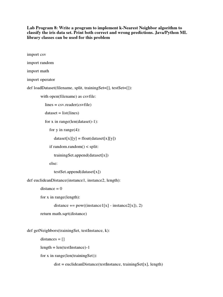 Labprogram 8 K Nearest Neighbour Classifier Pdf Computer Programming Software Engineering