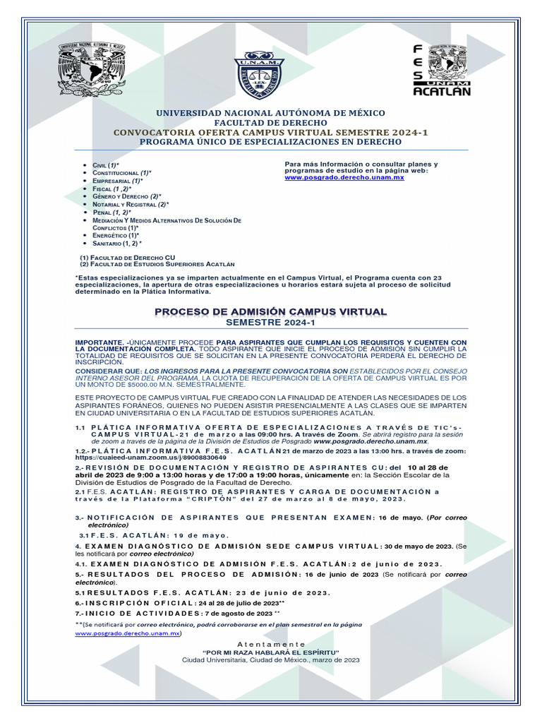 Convocatoria Especializaciones Derecho UNAM 2024-1 | PDF