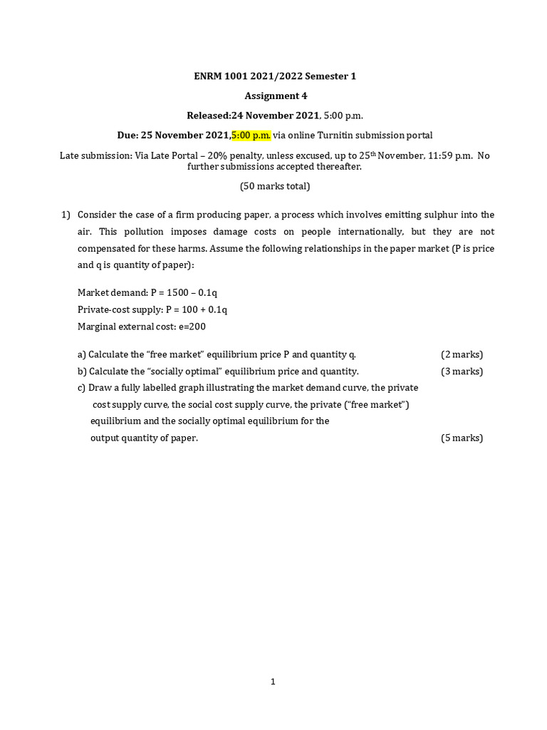 ENRM 1001 Assignment 4 24nov21 | PDF | Externality | Economic Equilibrium