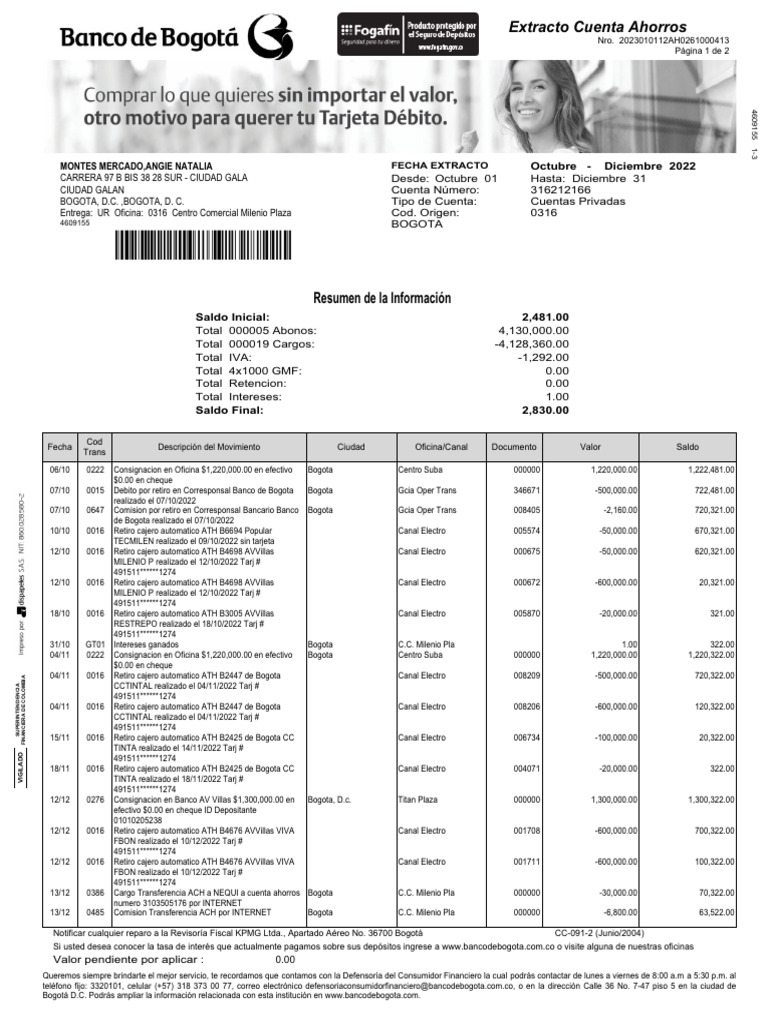 Extracto Cuenta SDA 2022-10-01T00 00 00 | PDF | Bancos | Tarjeta de débito