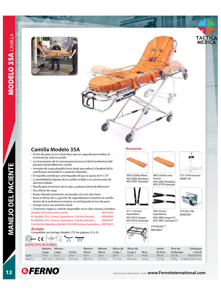FICHA TECNICA CAMILLA DE AMBULANCIA FERNO 35A | PDF | Vehículos