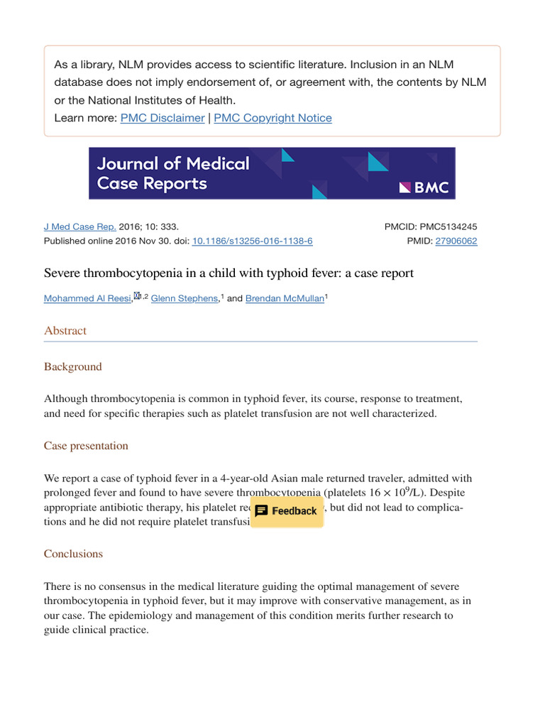 Severe thrombocytopenia in a child with typhoid fever- a case report ...