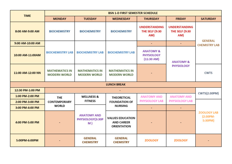BSN 1D 1ST Semester Schedule | PDF