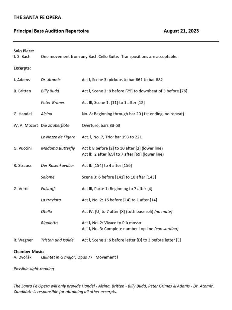 Santa Fe Opera Bass Audition | PDF | Classics