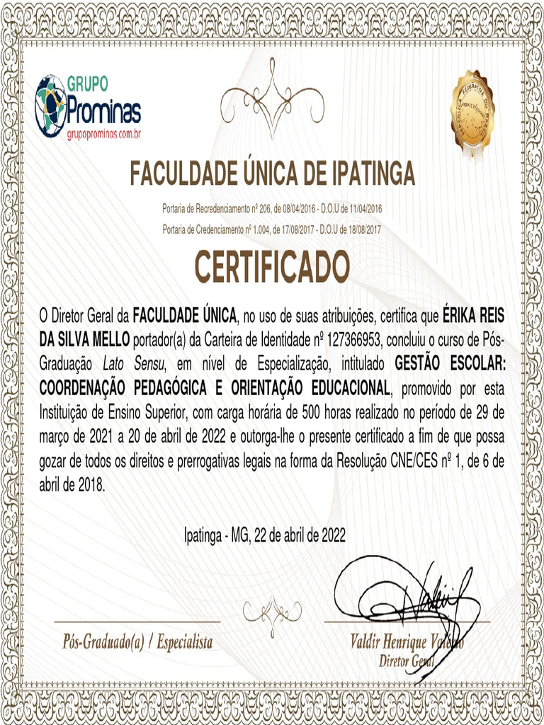 Certificado de Pós Faculdade Única | PDF | Pós-graduação