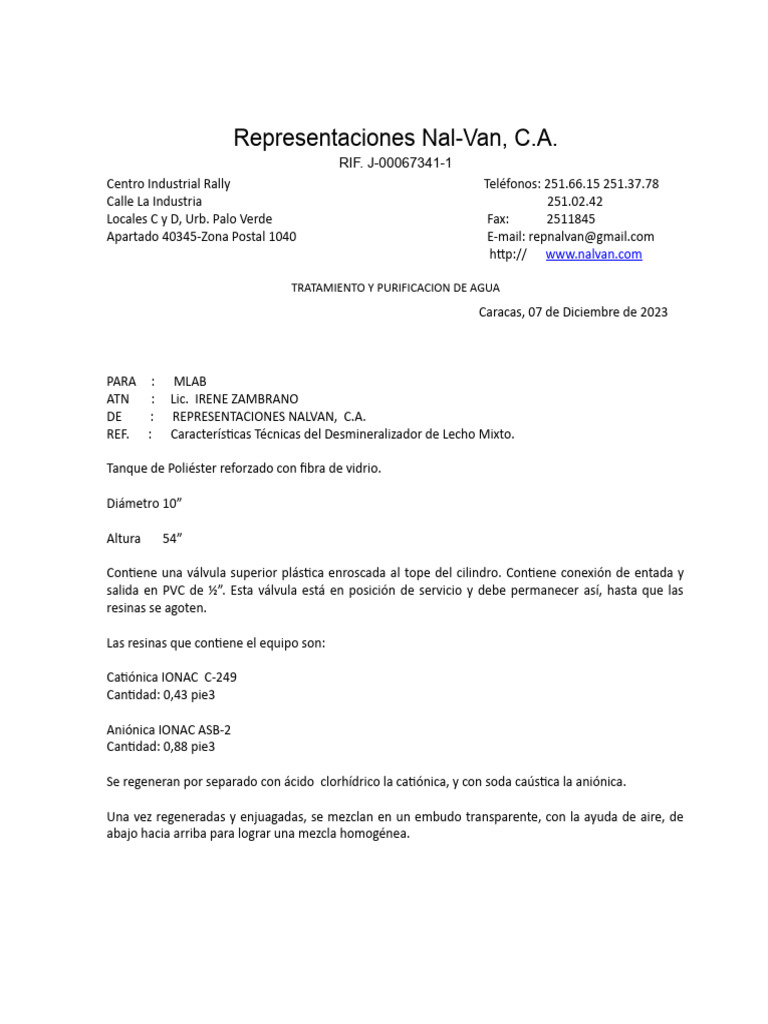 Características Técnicas Del Desmineralizador de Lecho Mixto. | PDF