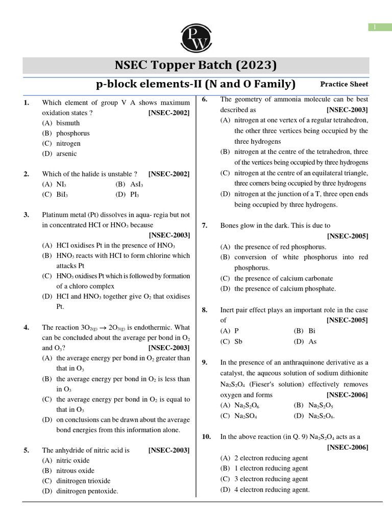P Block Elements - Practice Sheet - (NSEC) | Download Free PDF ...