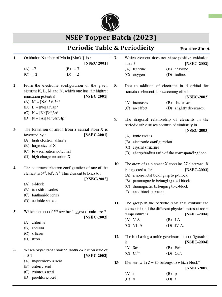 Periodic Table & Periodicity - Practice Sheet - (NSEC) | PDF | Periodic Table | Ion