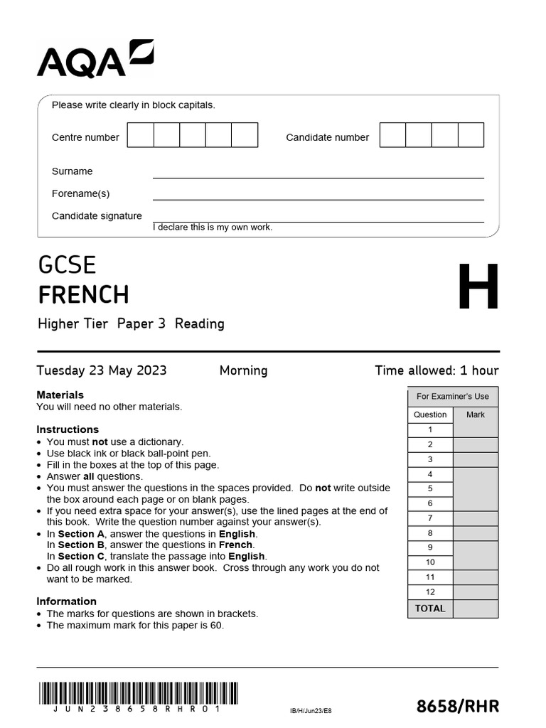 AQA French GCSE Reading Paper 2023 | PDF