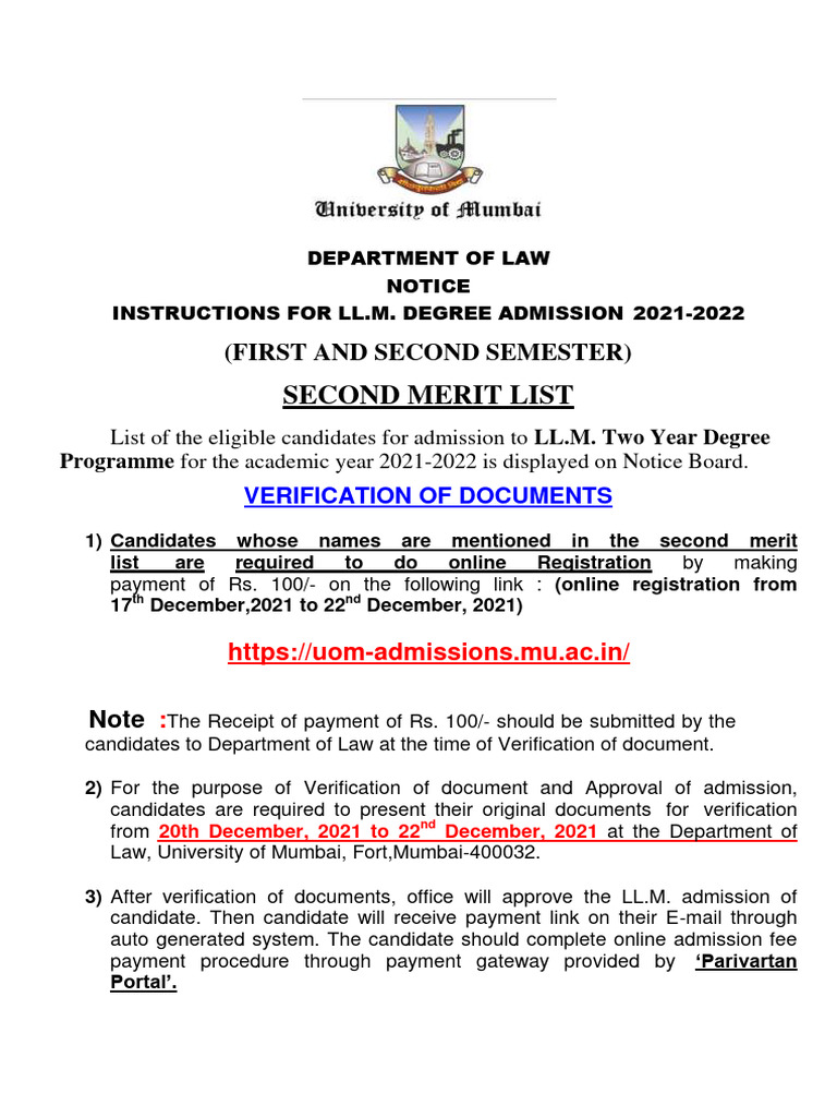 Notice-Document-Verification-LL.M.-Second-Merit-List-2021-2022 | PDF ...