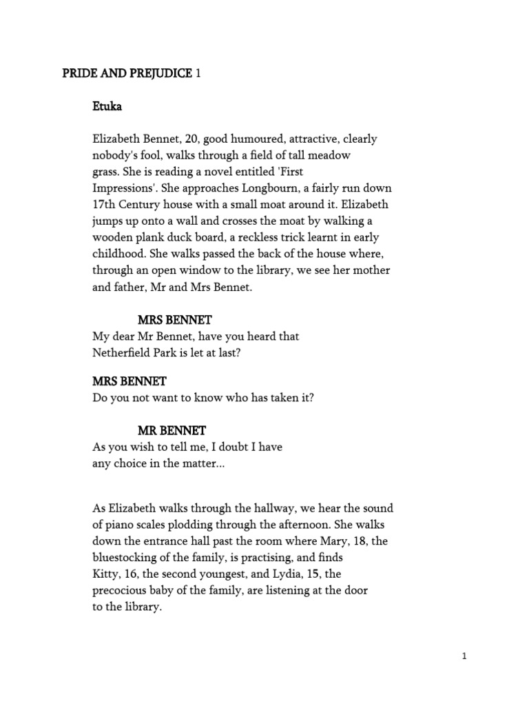 Pride and Prejudice Screenplay | PDF | Mr. Darcy | Pride And Prejudice