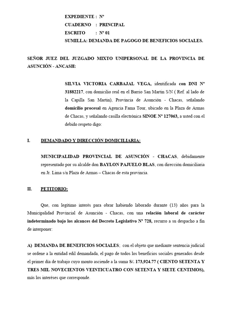 Demanda de Beneficios Sociales | Descargar gratis PDF | Derecho laboral | Salario