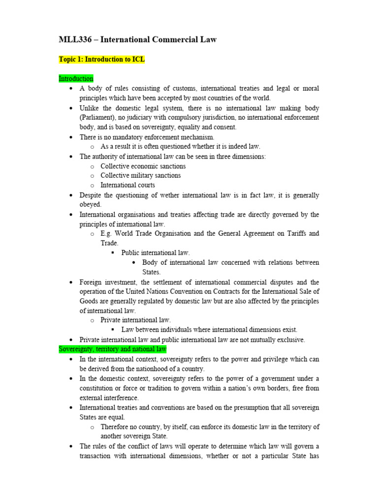 International Commercial Law Notes | PDF | International Law | Treaty