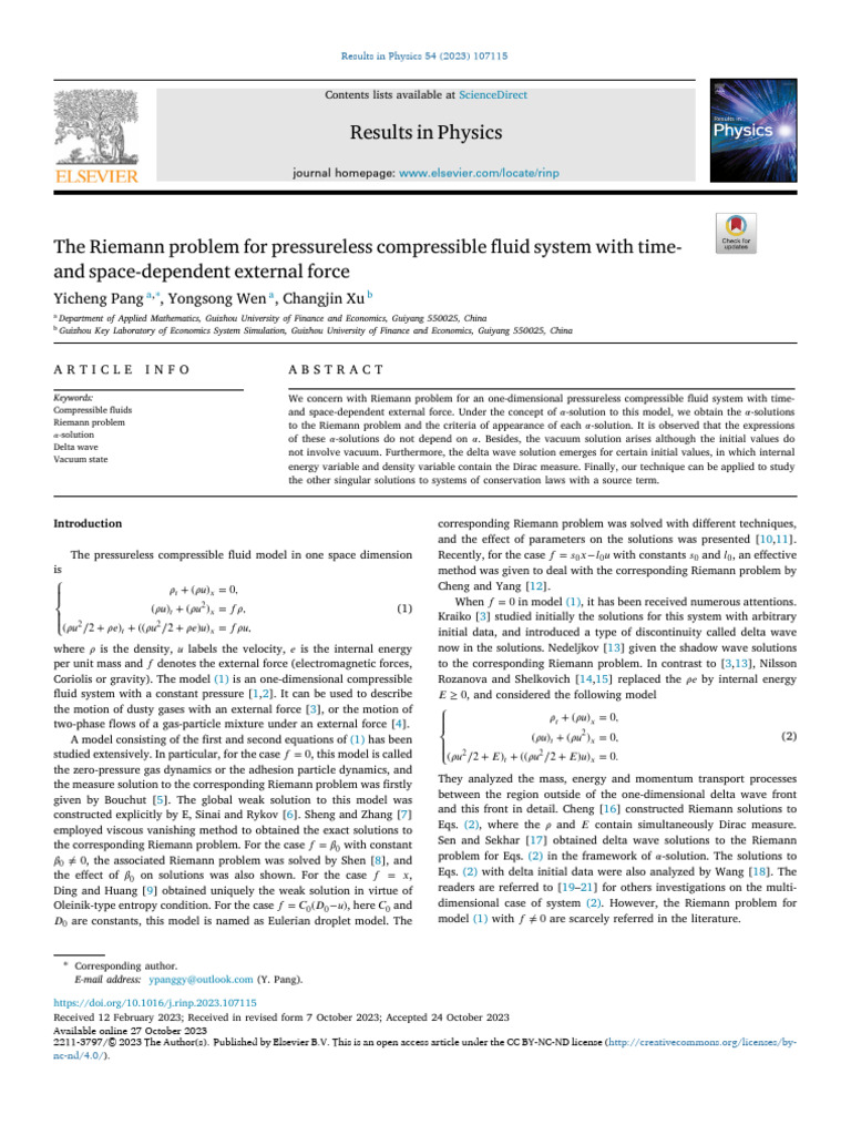 The Riemann Problem For Pressureless Compressible Fluid Syst - 2023 - Results in | PDF
