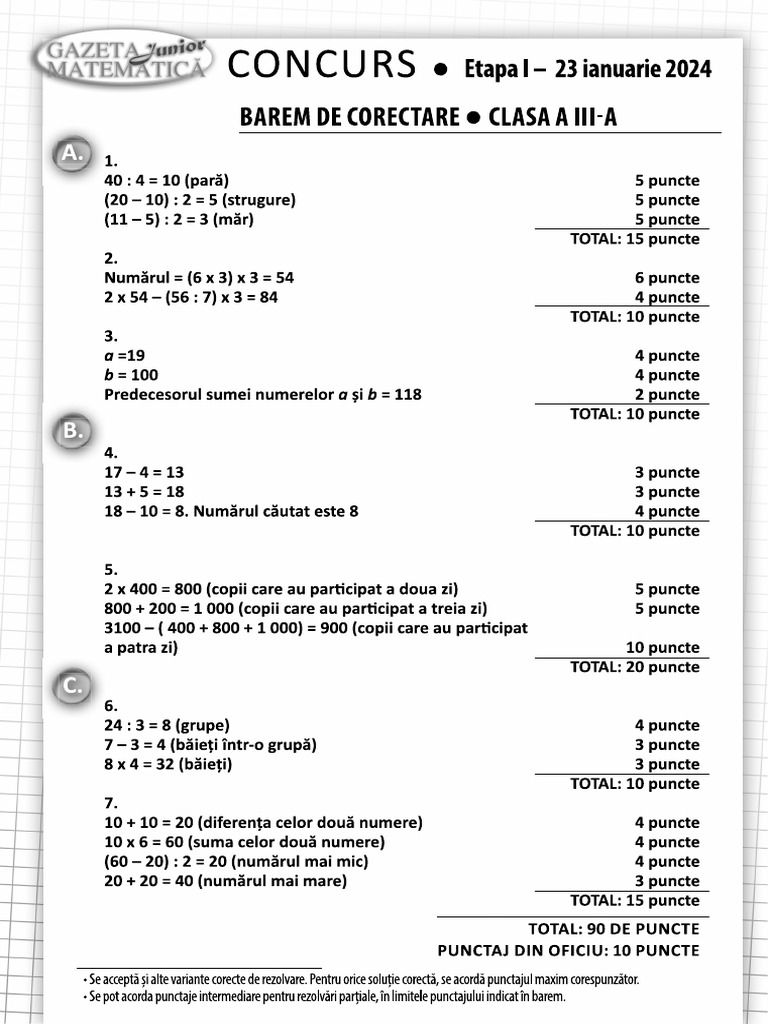 Barem Concurs GMJ 23 Ianuarie 2024 Clasa A III A | PDF