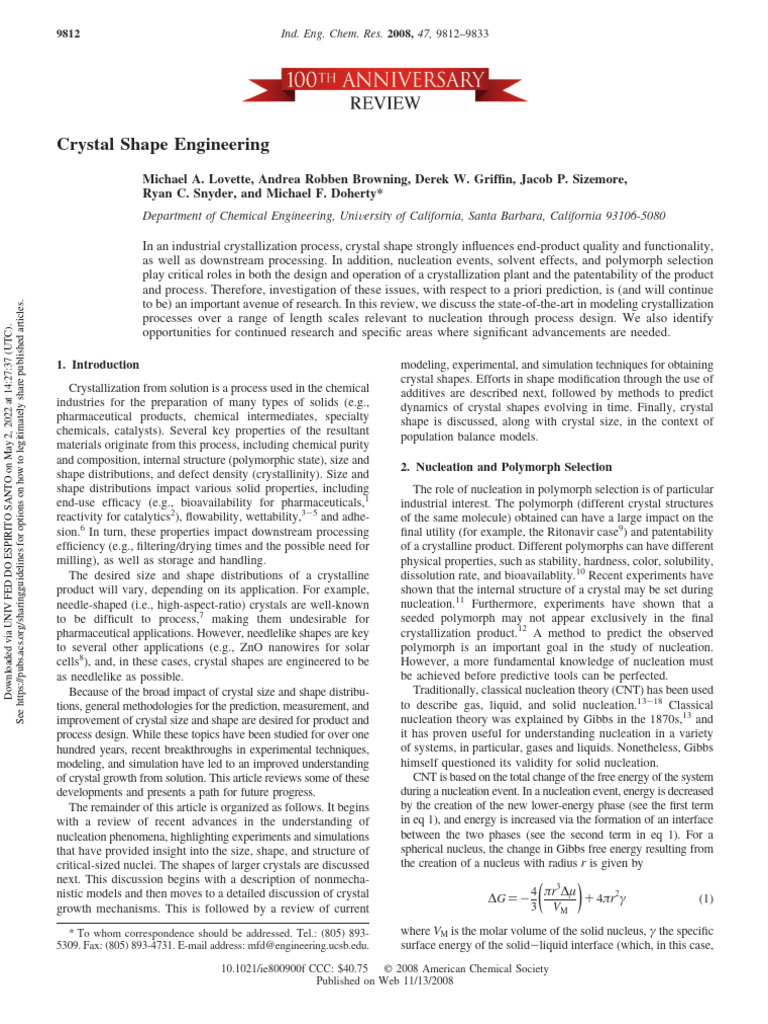 (2008) Crystal Shape Engineering -Michael a. Lovette | PDF | Nucleation ... (2008) Crystal Shape Engineering -Michael a. Lovette | PDF | Nucleation ...