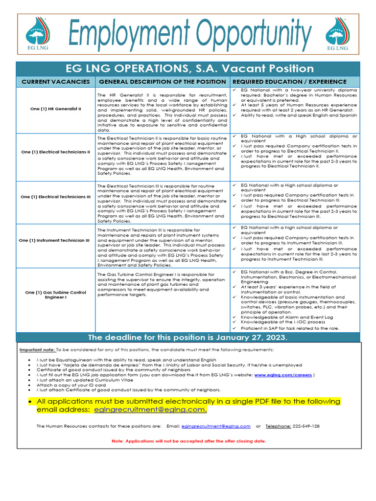 EG LNG Recruitment Poster - January 2023 | PDF | Human Resource ...
