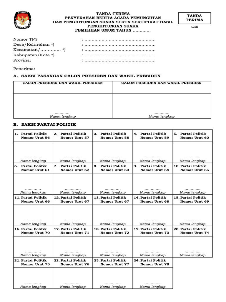 8.2 v1 - Tanda Terima KPPS A4 - Aceh | PDF