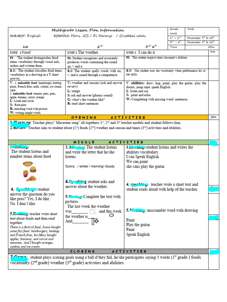 Multigrade Lesson Plan Information Ejemplo 3rd - 113119 | PDF