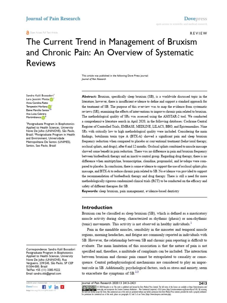 The Current Trend in Management of Bruxism and Chronic Pain An Overview of Systematic Reviews ...