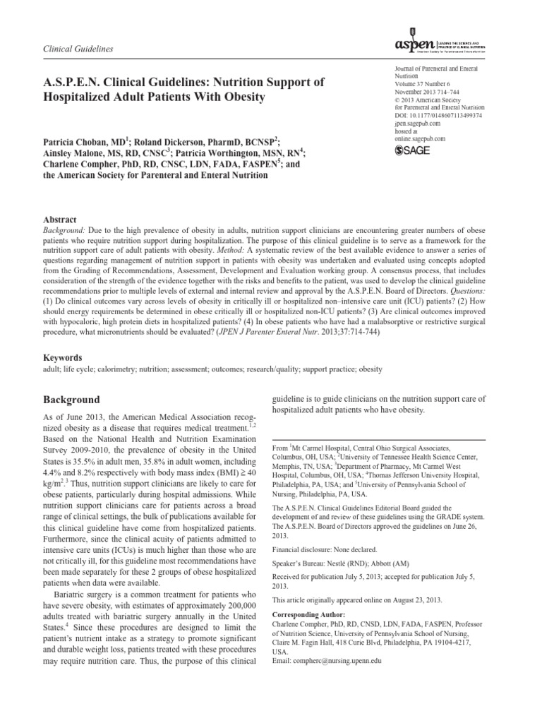 J Parenter Enteral Nutr - 2013 - Choban - A S P E N Clinical Guidelines | PDF | Obesity ...