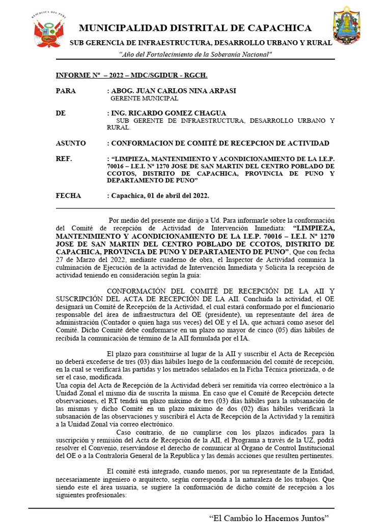 Comité Recepción Actividad Capachica | PDF