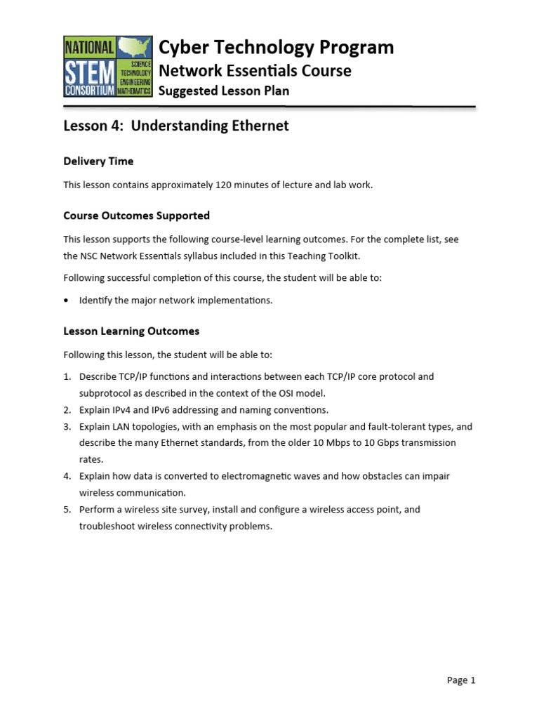 CYB_NetworkEssentials_04_LessonPlan_UnderstandingEthernet | PDF | Computer Network | Internet ...