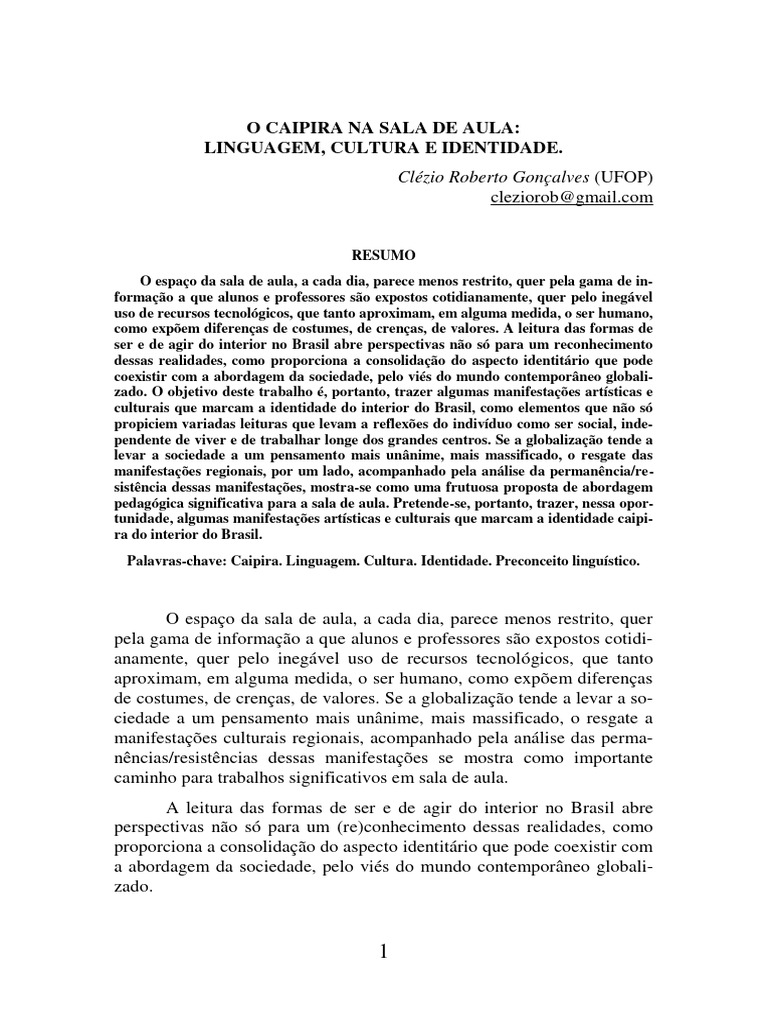 Identidade Caipira na Educação Brasileira | PDF | Linguística | Sociologia