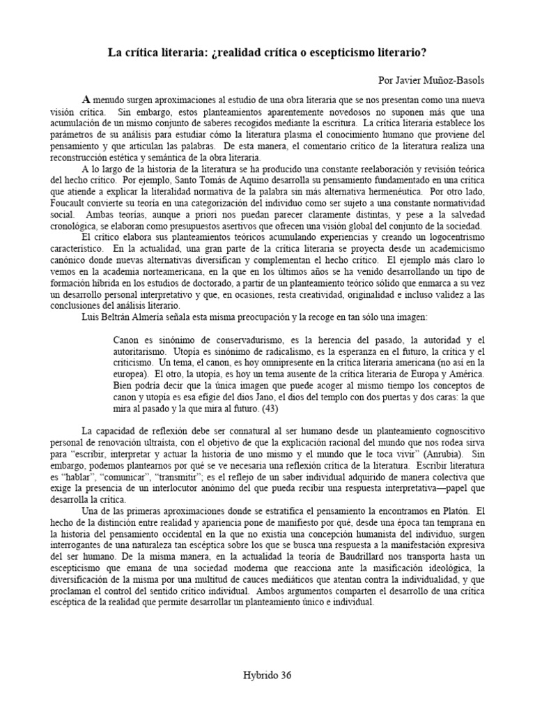 La Crítica Literaria: ¿Realidad Crítica o Escepticismo Literario? | PDF ...