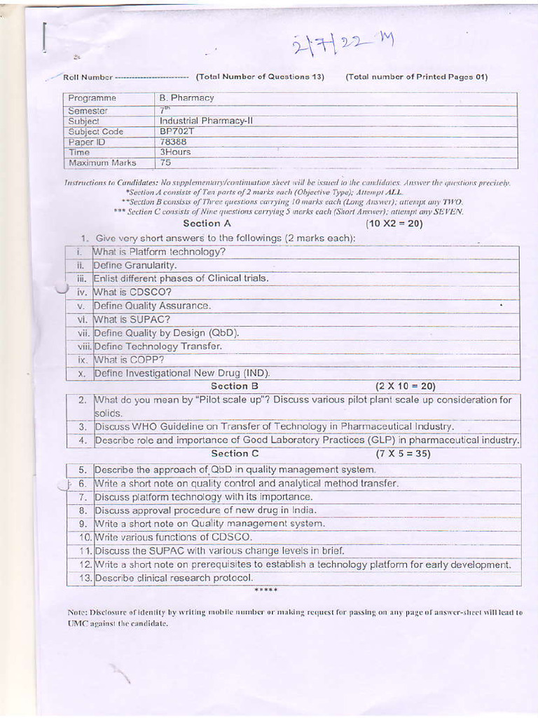 BP702T Previous Question Papers | PDF