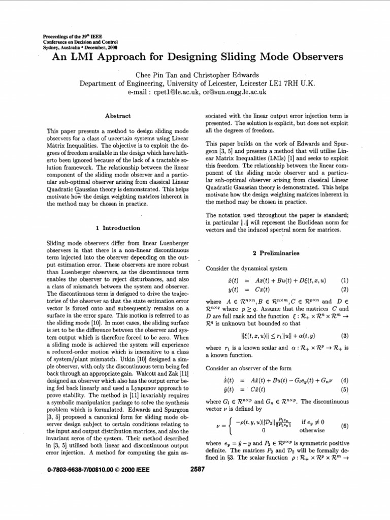 An Lmi Approach For Designing Sliding Mode Observers Pdf Matrix
