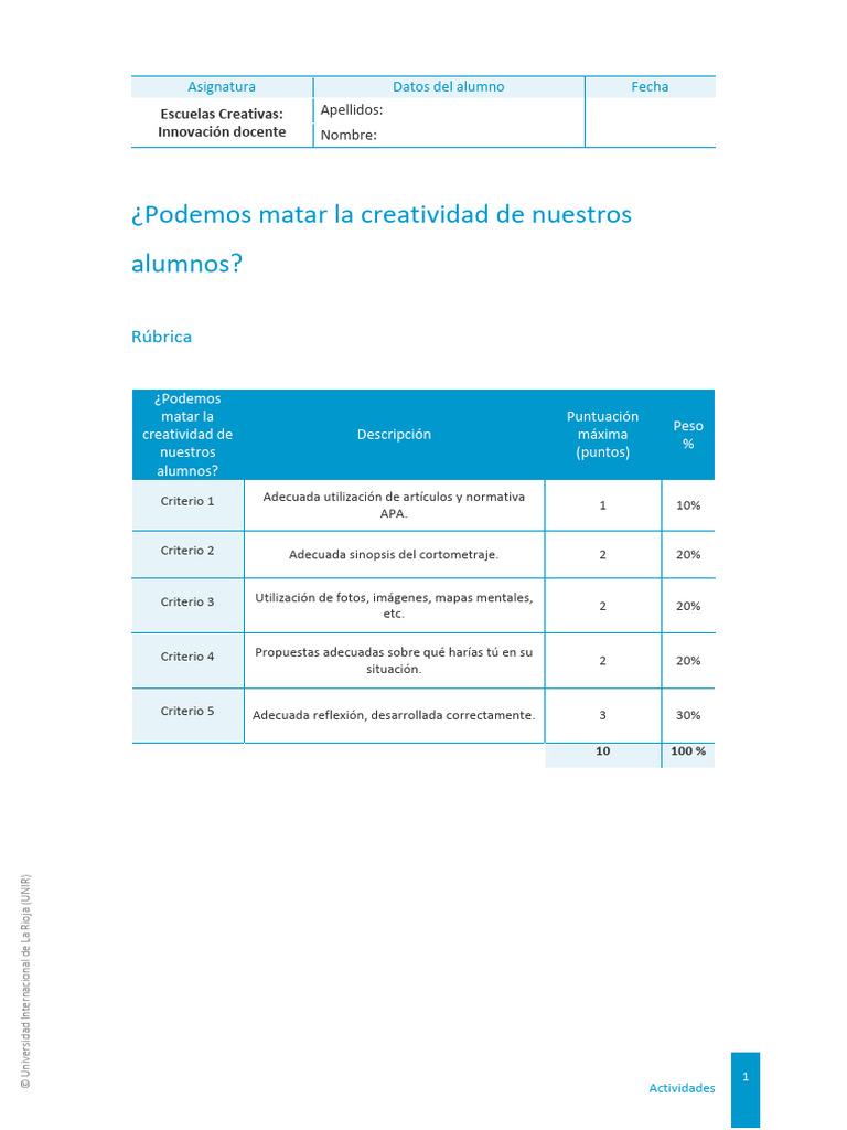 Edup04 Escuelas Creativas Act1 R Brica | PDF