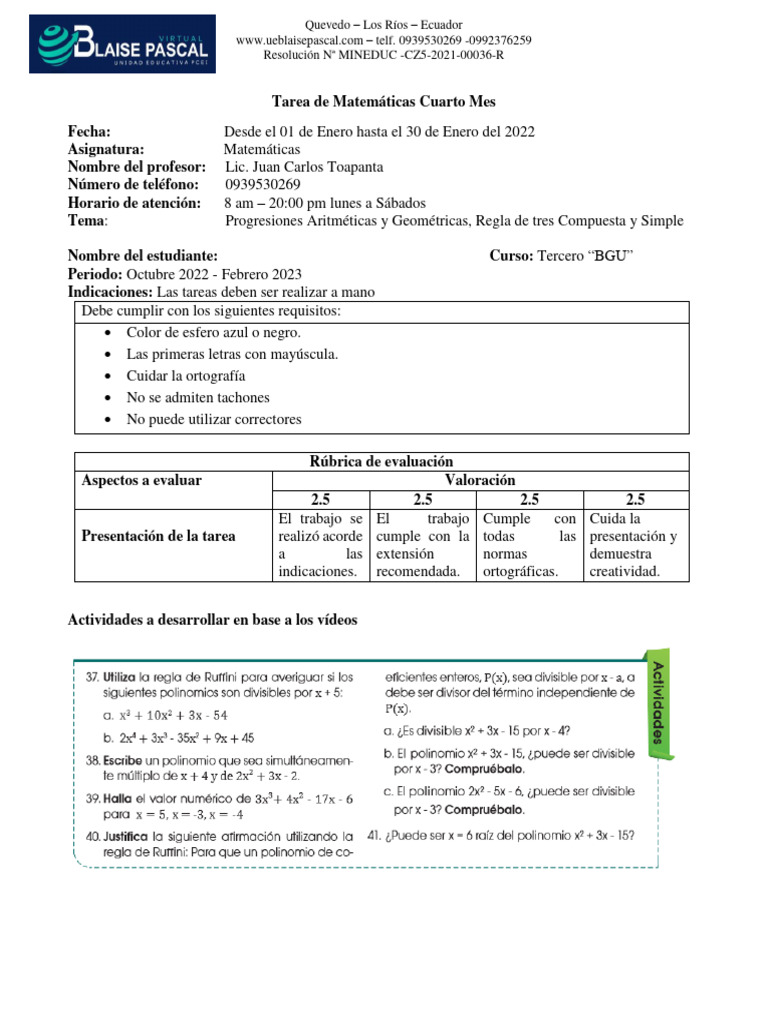 Tarea Matemática Cuarto Mes Tercero | PDF