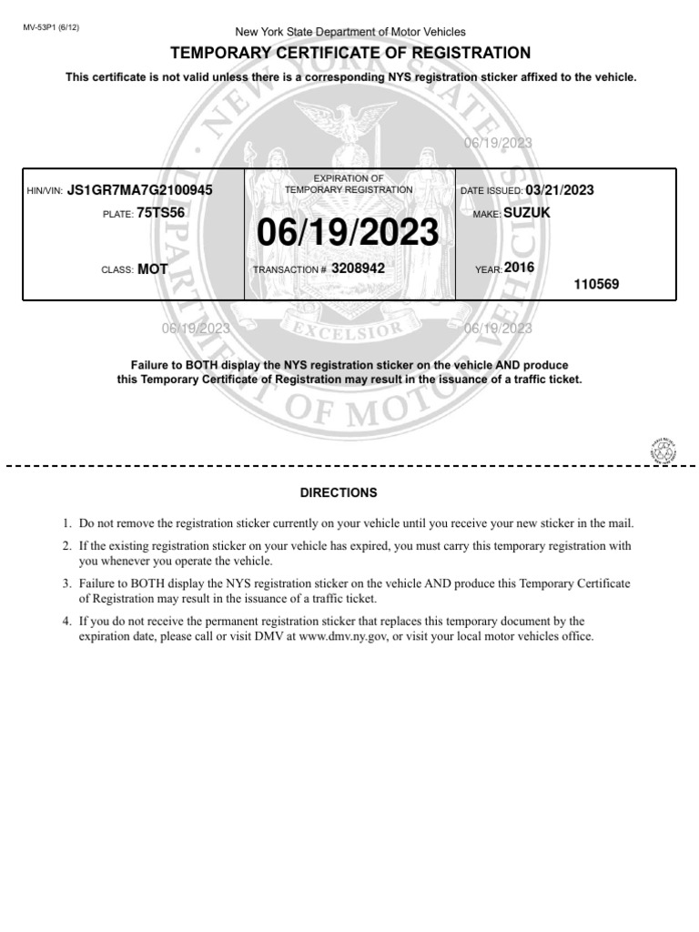 Temporary Registration 75TS56 | PDF