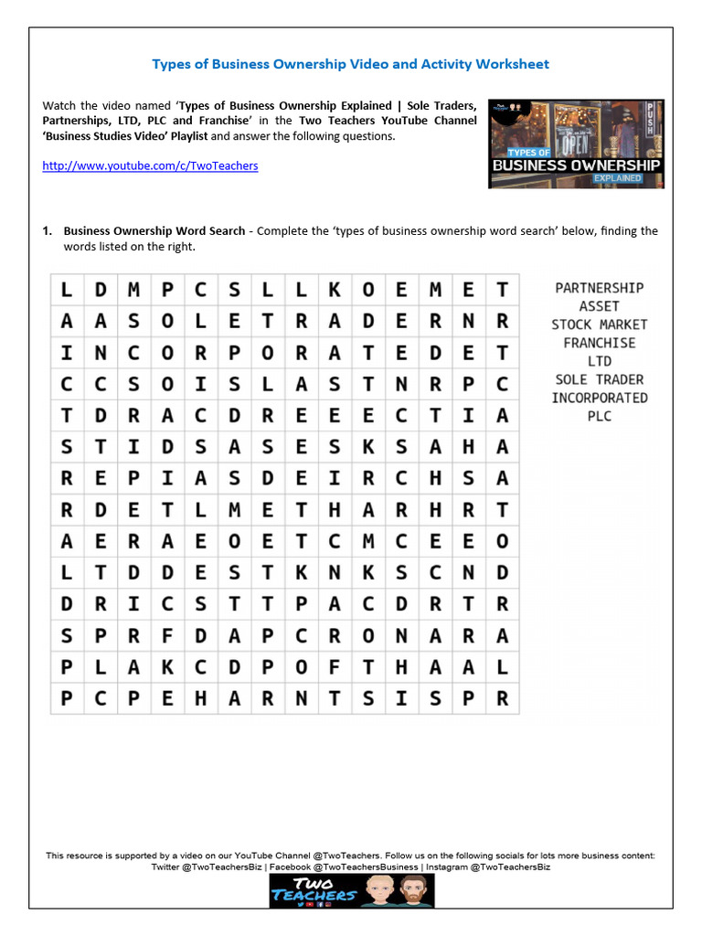 Types of Business Ownership Activity Worksheet Linked To Video ...