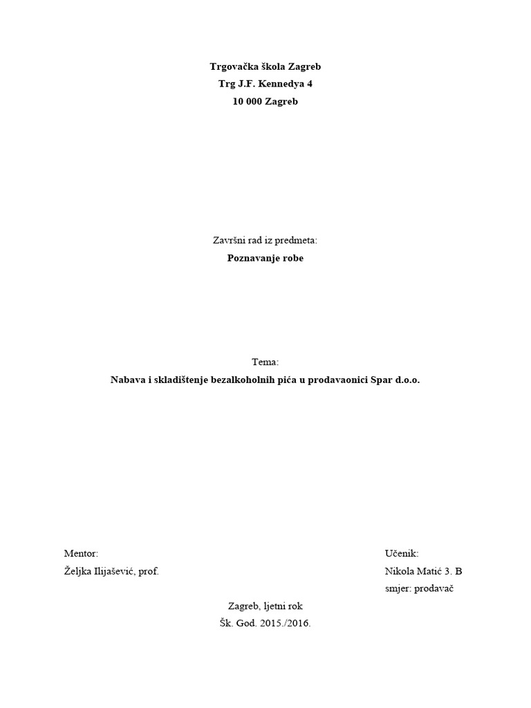Nabava I Skladištenje Bezalkoholnih Pića U Prodavaonici Spar D.O.O. | PDF