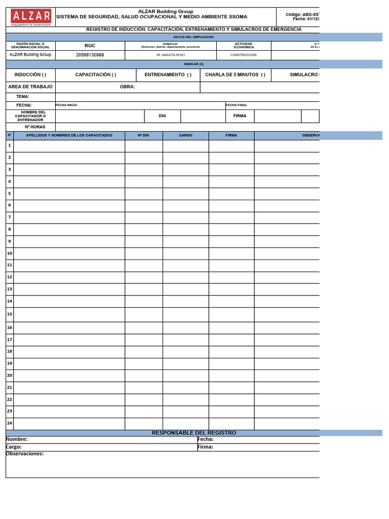 Formato 001 - Registros de Induccion y Capacitacion | PDF