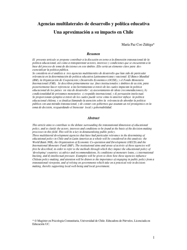 Impacto de Agencias Multilaterales en Educación Chilena | PDF | Fondo ...
