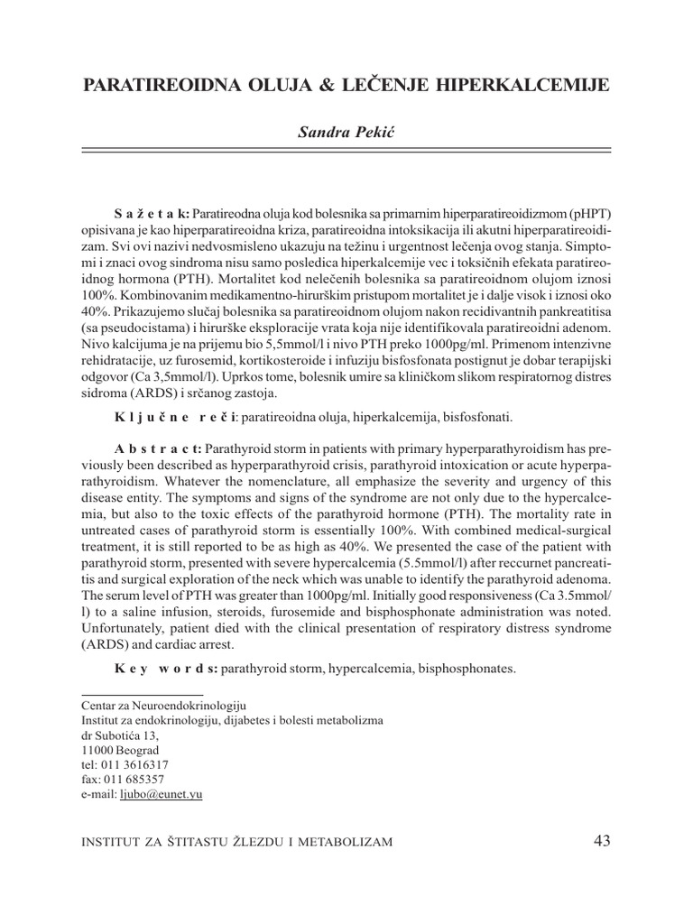 Paratireoidna Oluja & Le Enje Hiperkalcemije: Sandra Peki) | PDF ...
