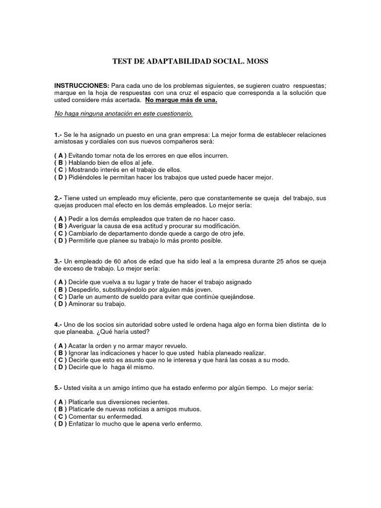 Test de Adaptabilidad Social MOSS | PDF | Relaciones personales ...