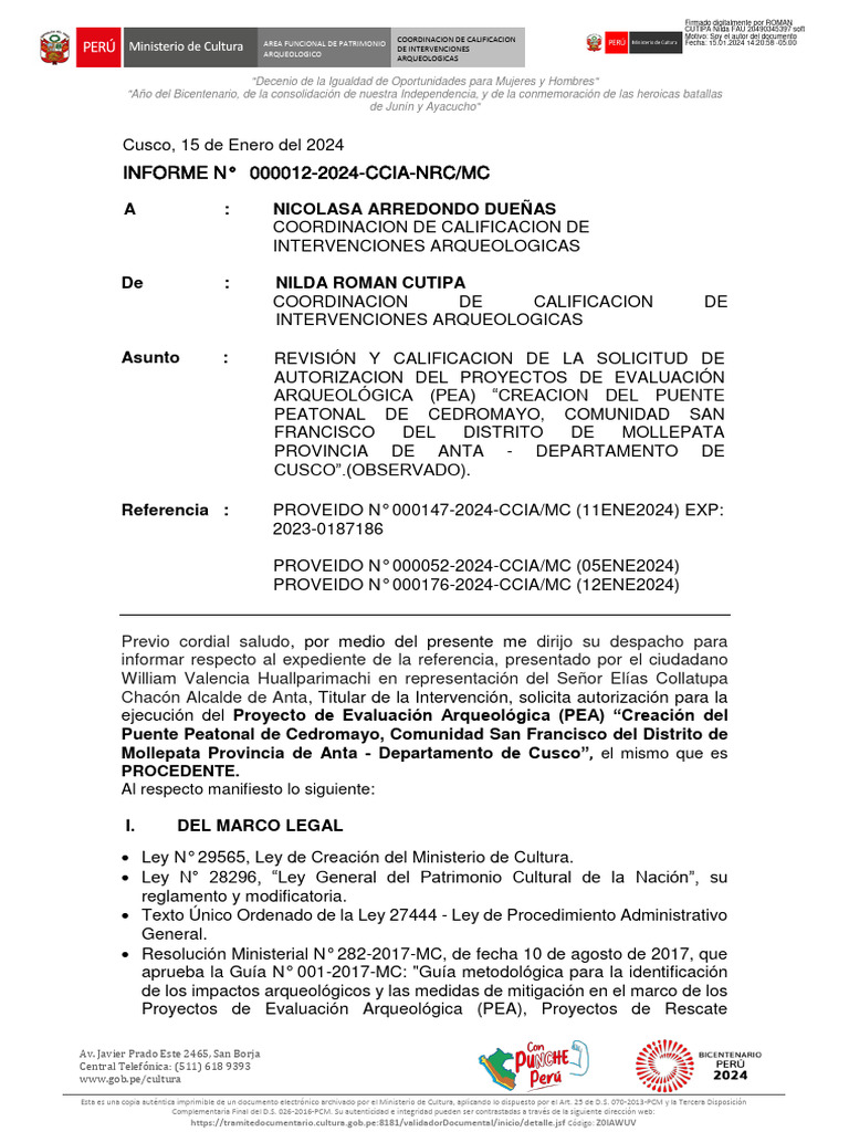 INFORME #000012-2024-CCIA-NRC/MC: Cusco, 15 de Enero Del 2024 | PDF