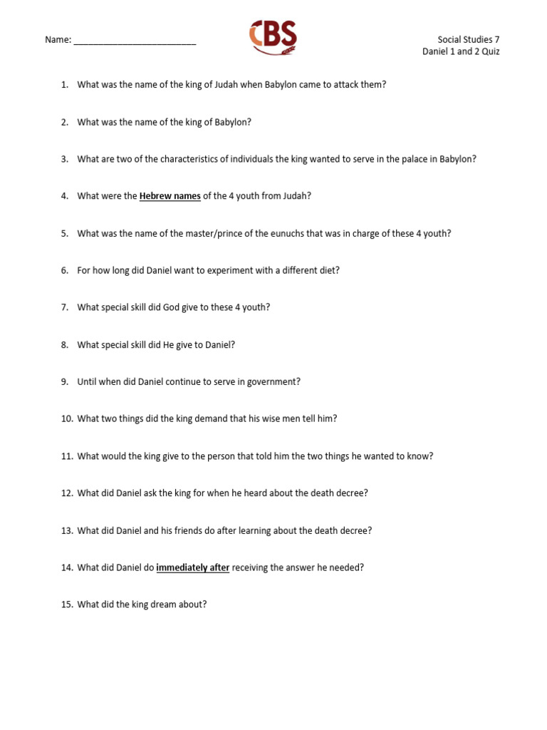 Daniel Chapters 1 & 2 Quiz Questions | PDF | Foreign Language Studies ...