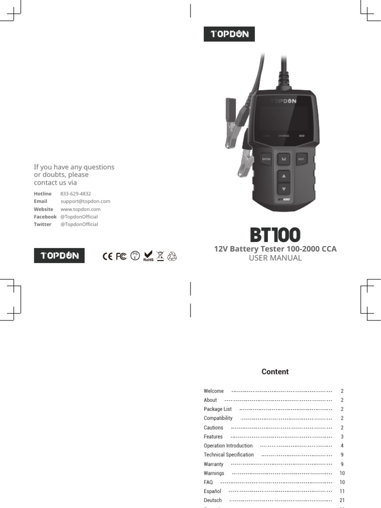 TOPDON BT100 Battery Tester Manual | PDF | Electrical Engineering ...