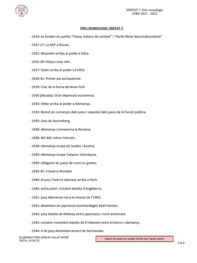 Fris Cronològic Unitat 7 | PDF