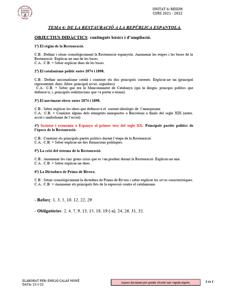 TEMA 6 Objectius didàctics. | PDF