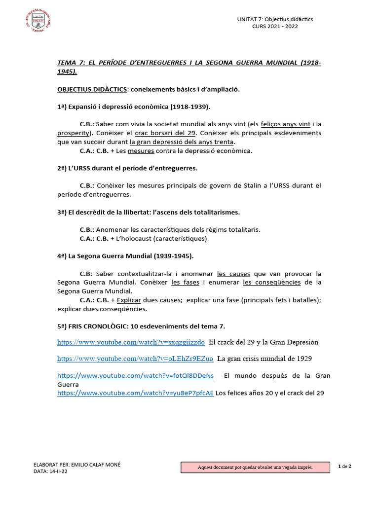 TEMA 7 Objectius Didàctics. | PDF